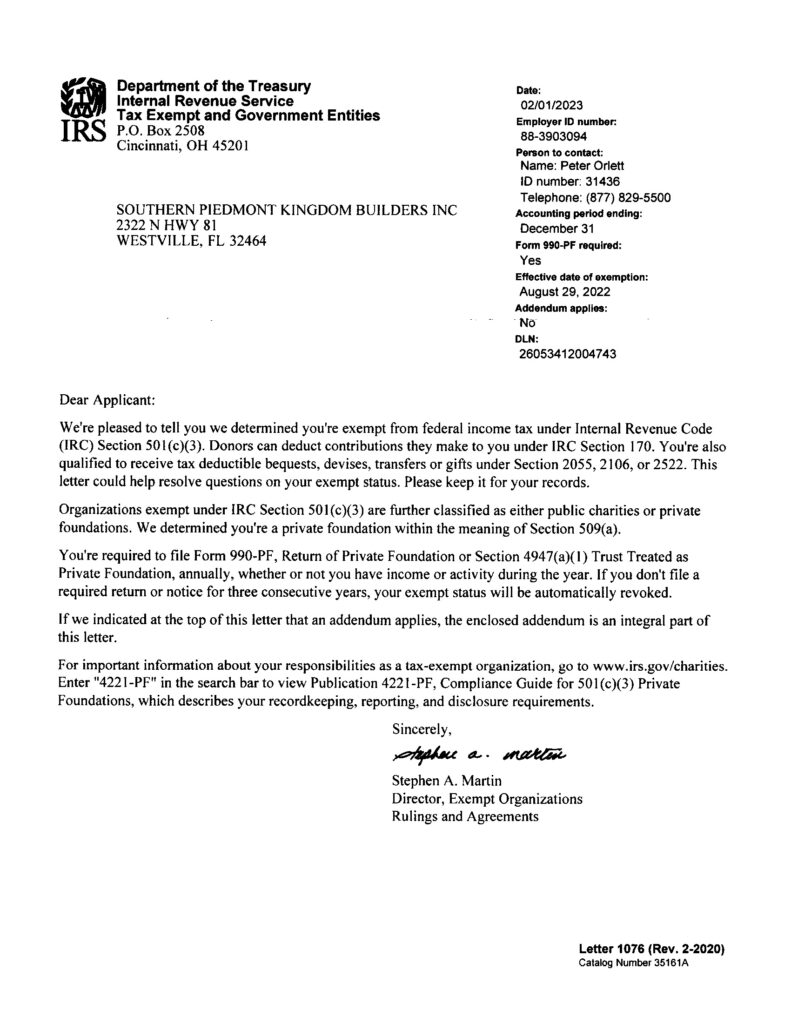 IRS Determination Southern Piedmont Kingdom Builders Inc IRS Determination Southern Piedmont Kingdom Builders Inc